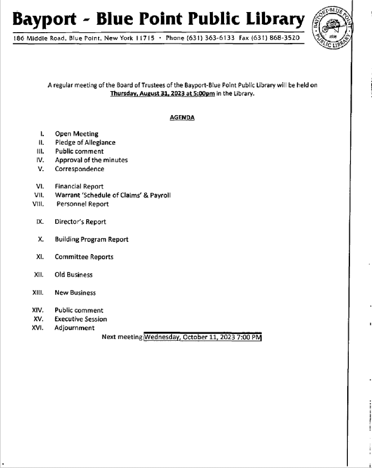 September 2023 Regular Board Meeting Bayport Blue Point Library