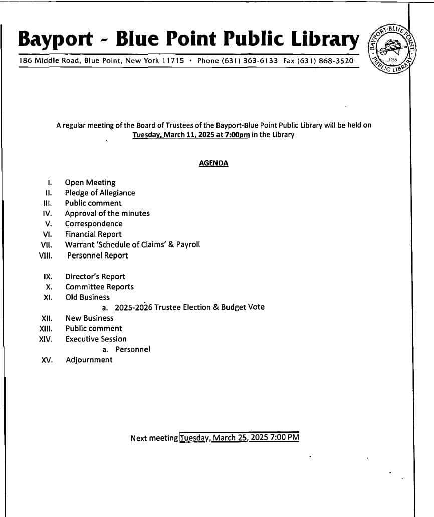 March 2025 Regular Board Meeting Bayport Blue Point Library